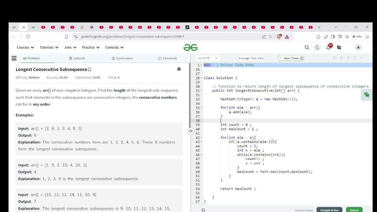 Longest Consecutive Subsequence |31 | -12-2024| gfgapotd today | JAVA POTD| GFG Problem of the ...