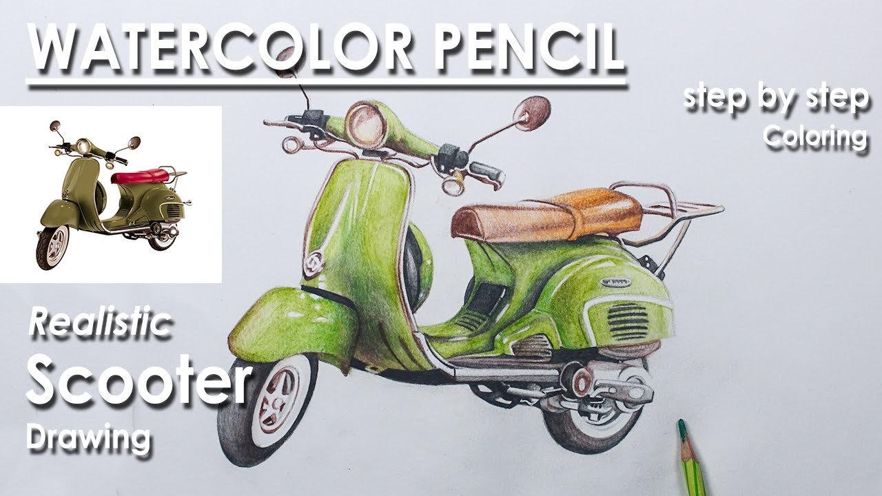 Realistic Scooter Drawing in Watercolor Pencil step by step - YouTube