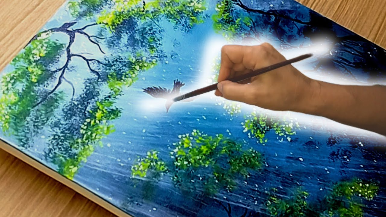 How to Paint a Relaxing Landscape whit Trees and Rays of light/ Acrylic ...