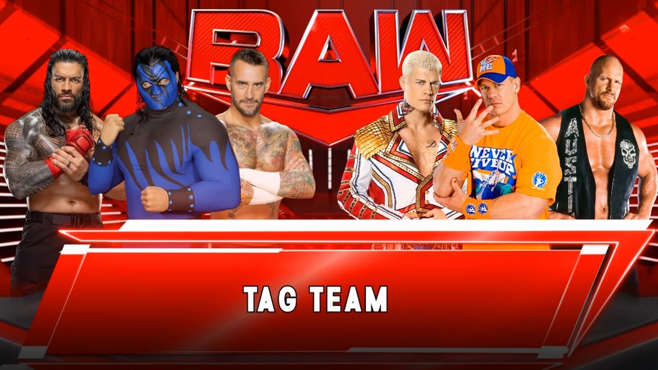 Blue Kane Roman Reigns & CM Punk vs. John Cena Cody Rhodes & Steve ...