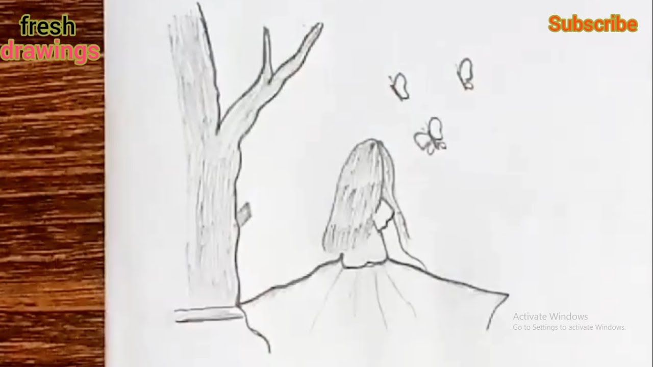 How To Draw A Girl Sit Under The Tree - YouTube