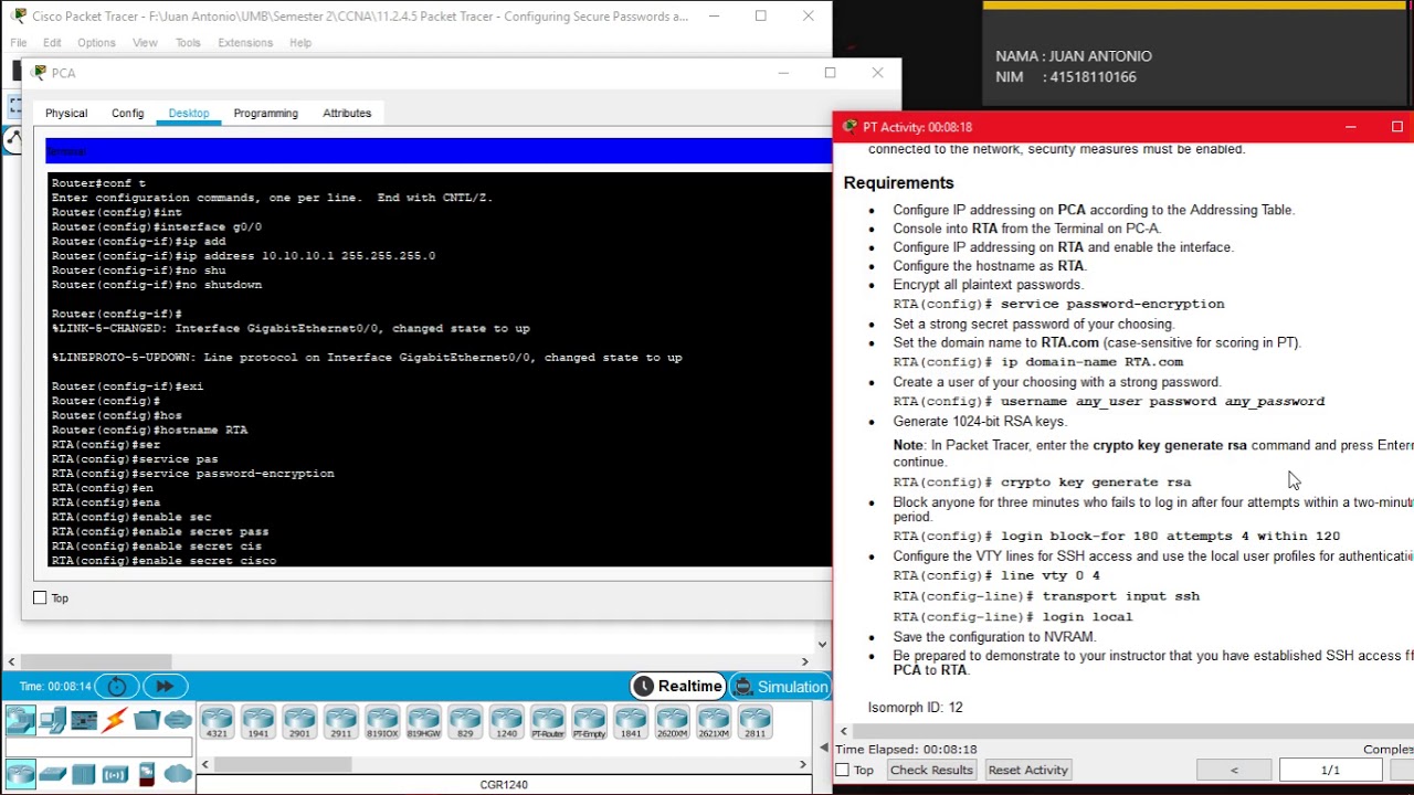 11 2 4 5 Packet Tracer Configuring Secure Passwords And Ssh Youtube