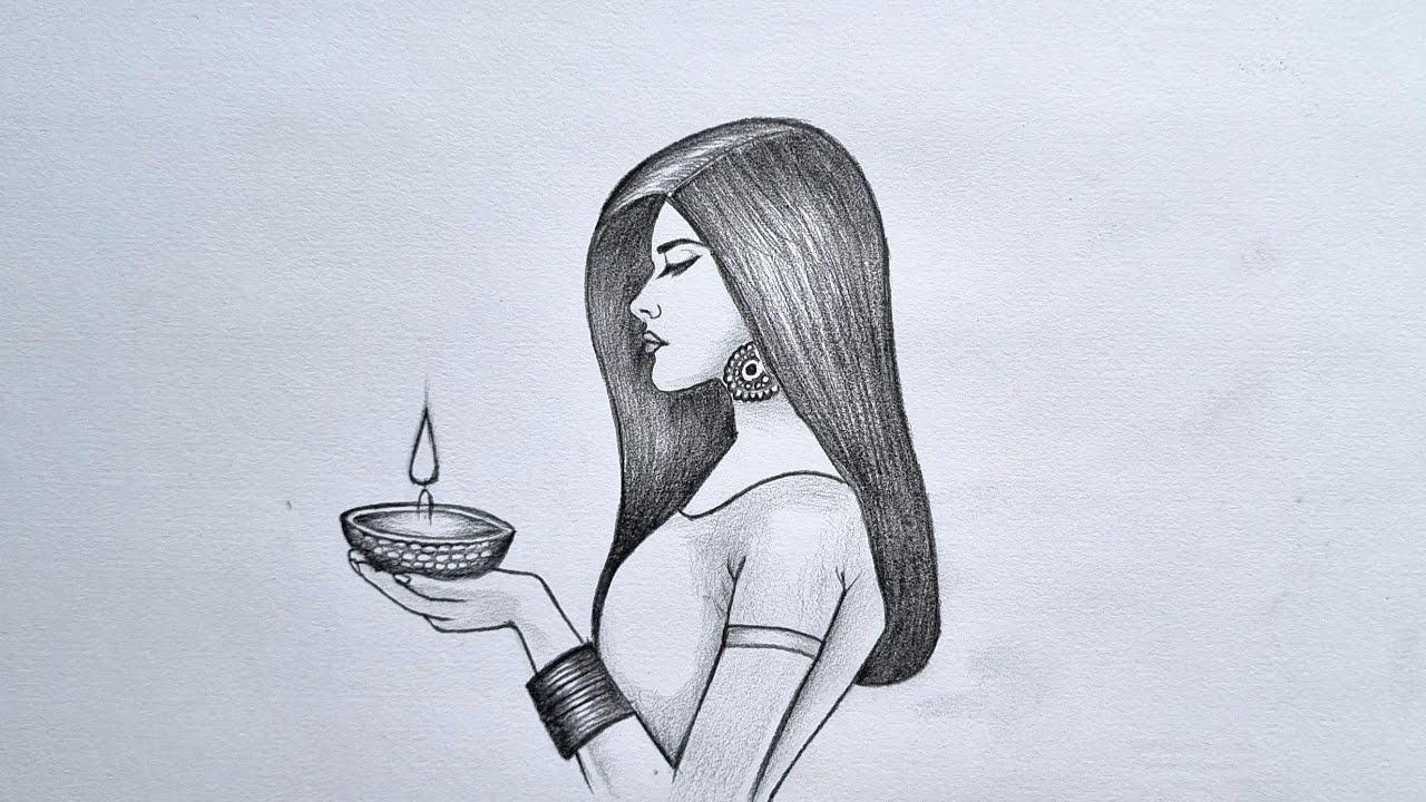 How to draw a girl with diya 🪔 || best Diwali drawing || Easy Diwali ...