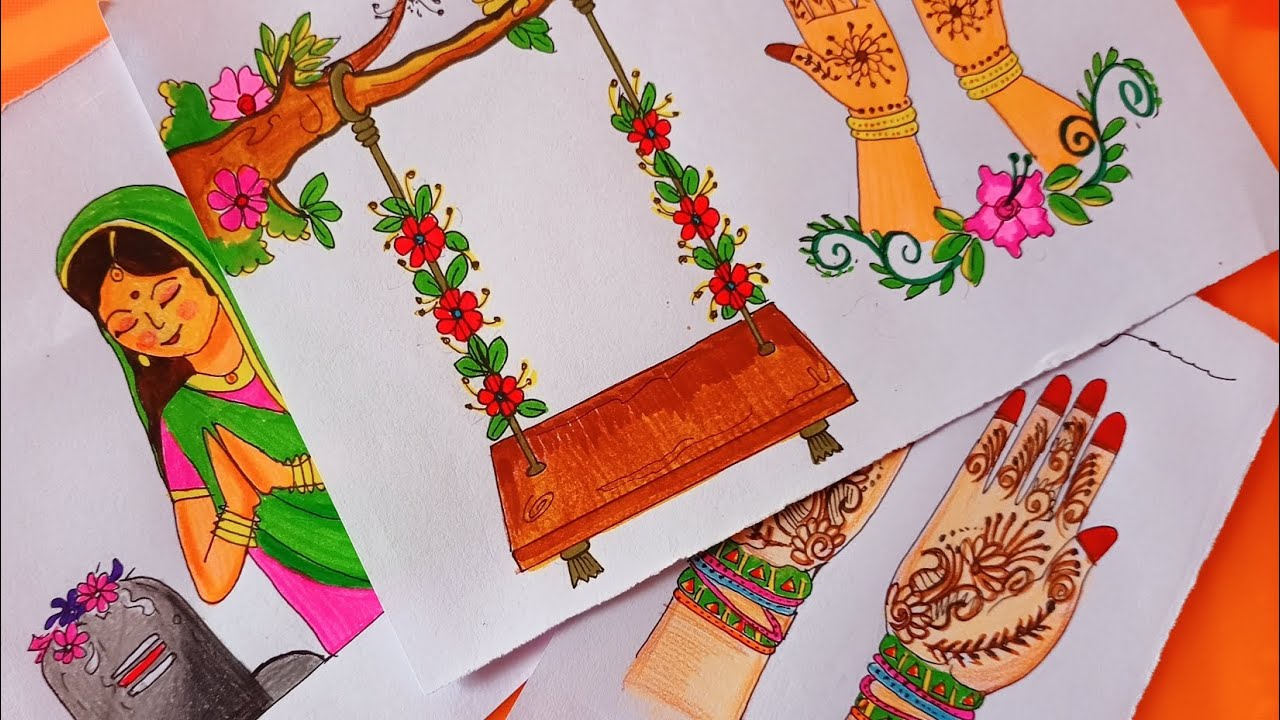 Hariyali Teej Drawing/sawan Jhula drawing/Hariyali Teej festival ...