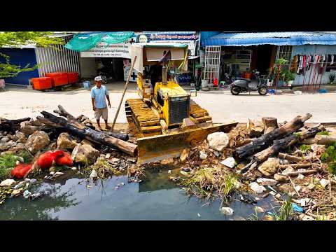 Incredible Landfill PROJECT! 5Ton Dump Truck Unloading RockSoil & Dozer D20A Pushing Into Water Pond