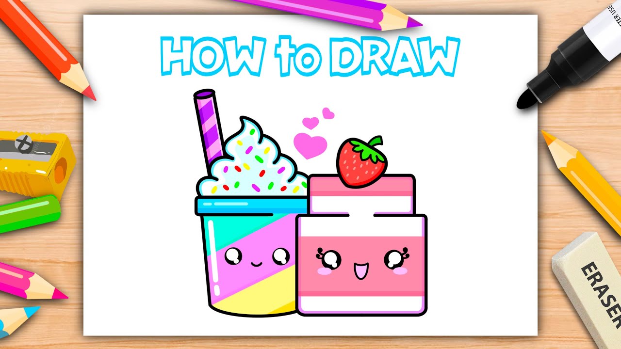 How To Draw Cute Shake And Strawberry Cake | Drawing Tutorial - YouTube