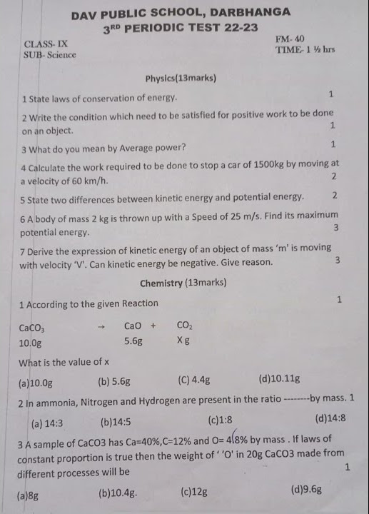 Dav Class 9 3rd Periodic Test Question Paper Of Science Getsetfly