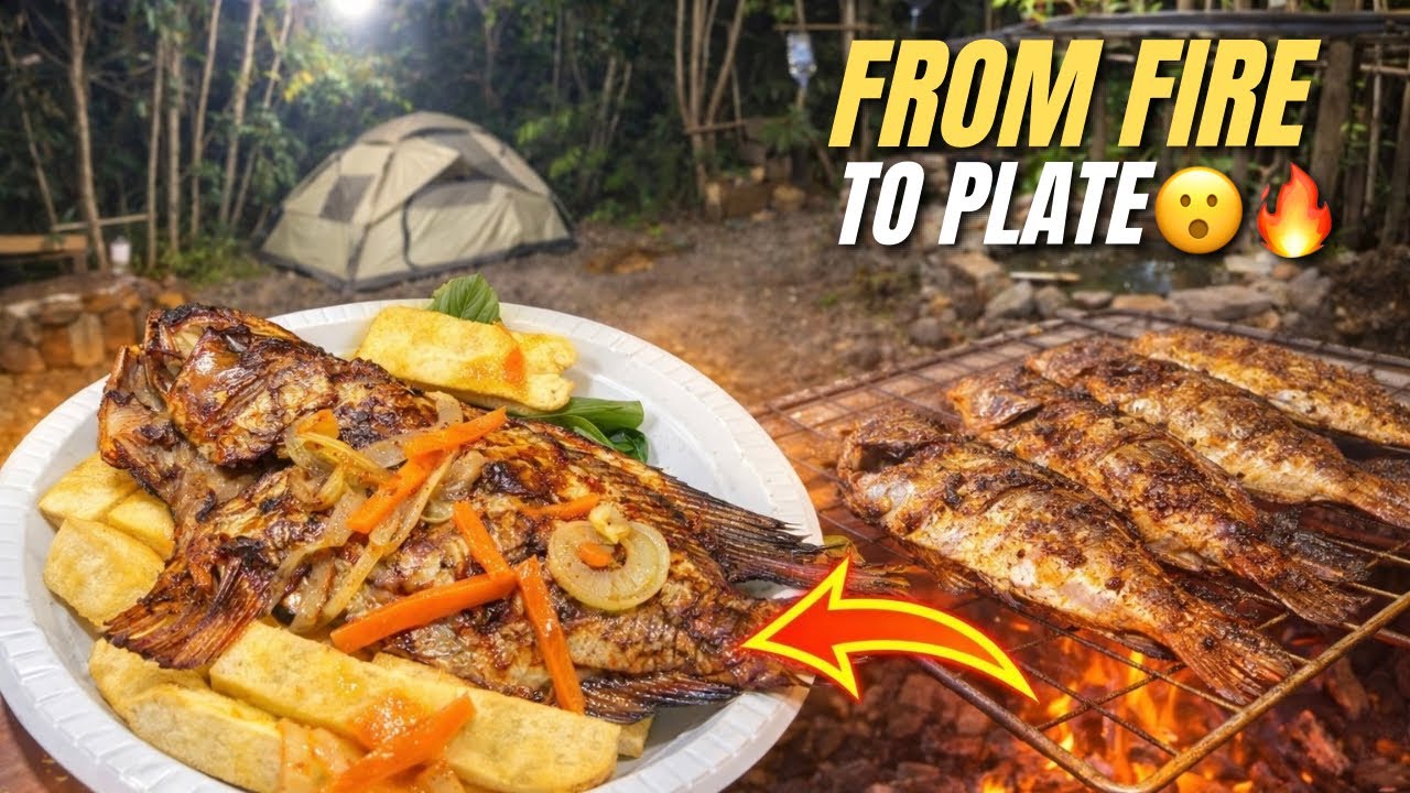 Roasting Fresh Tilapia Fish Over Open Fire 🔥 | Campsite Cooking with ...
