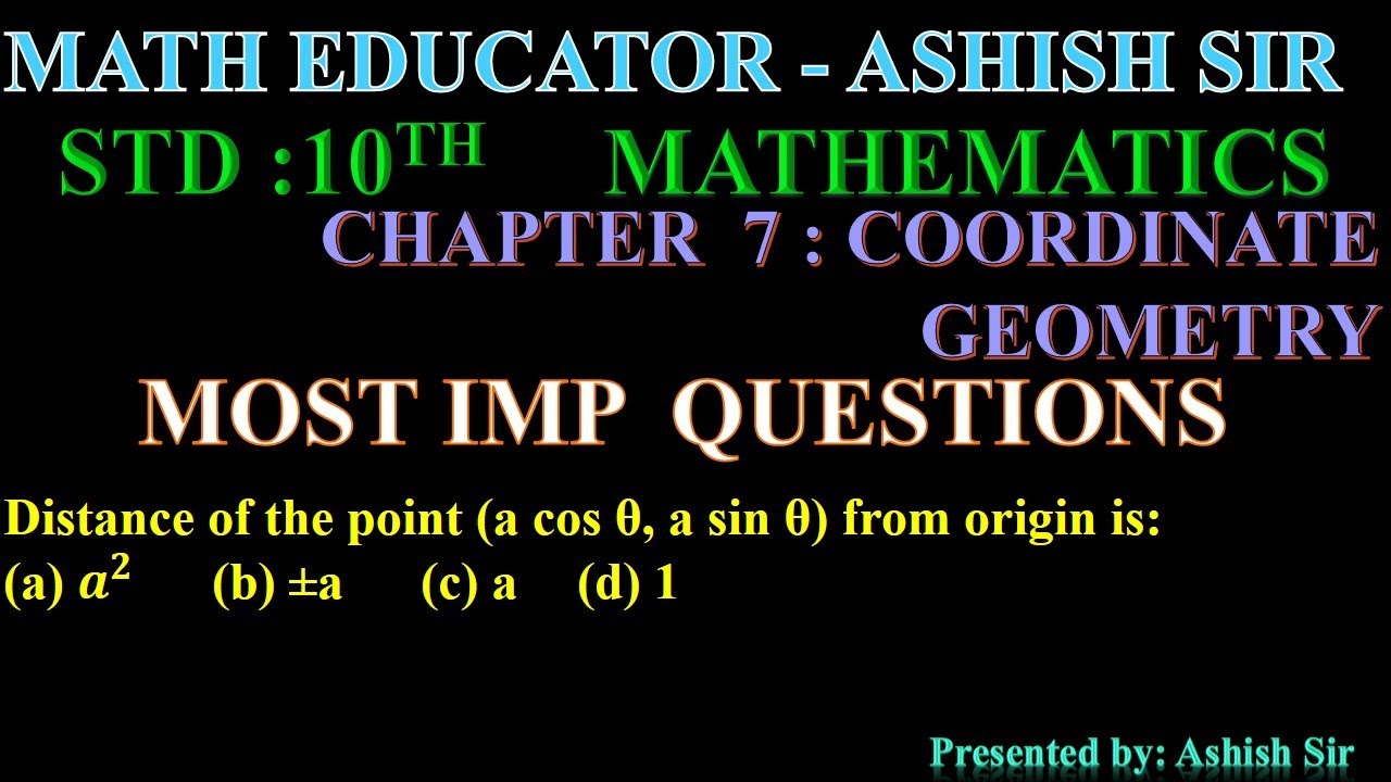 Distance of the point (a cos θ, a sin θ) from origin is: (a) 𝒂^𝟐 (b) ±a ...
