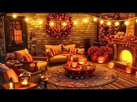 Tranquil Halloween Evening at a Cozy Café 🎃 Gentle Jazz & Fireplace Sounds for Study & Stress Relief