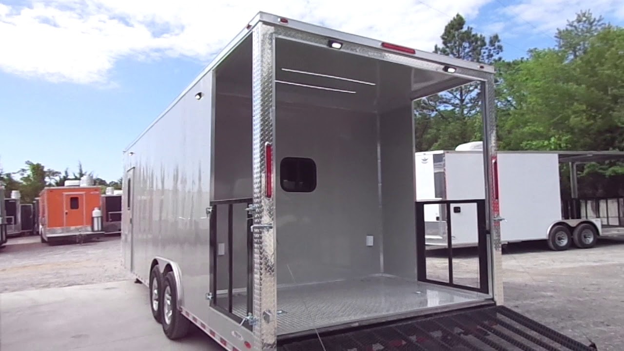 8.5' x 26' Dove Gray Flat Nose Concession Trailer - YouTube