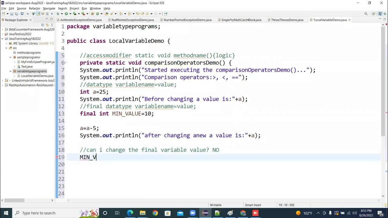 Corejava LocalVariableConditional Logical Operators Programs AUGGMT20220827 - YouTube