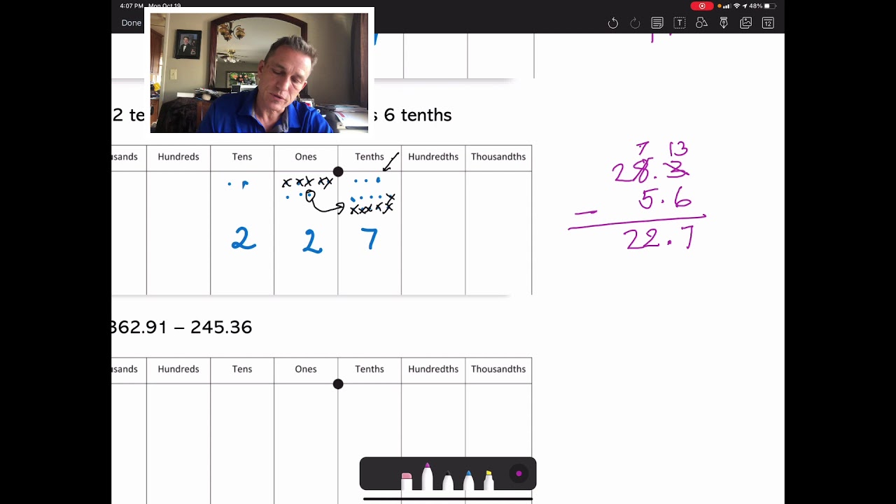 Subtracting Decimals Using Place Value Discs (dots) in a Place Value ...