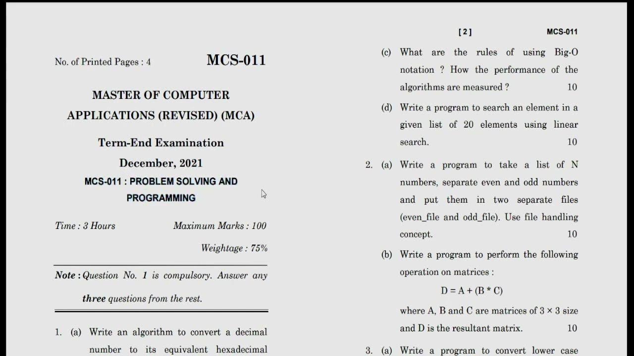 MCS-011 Last Year December Question Paper 2021 | BCA 5th Semester ...