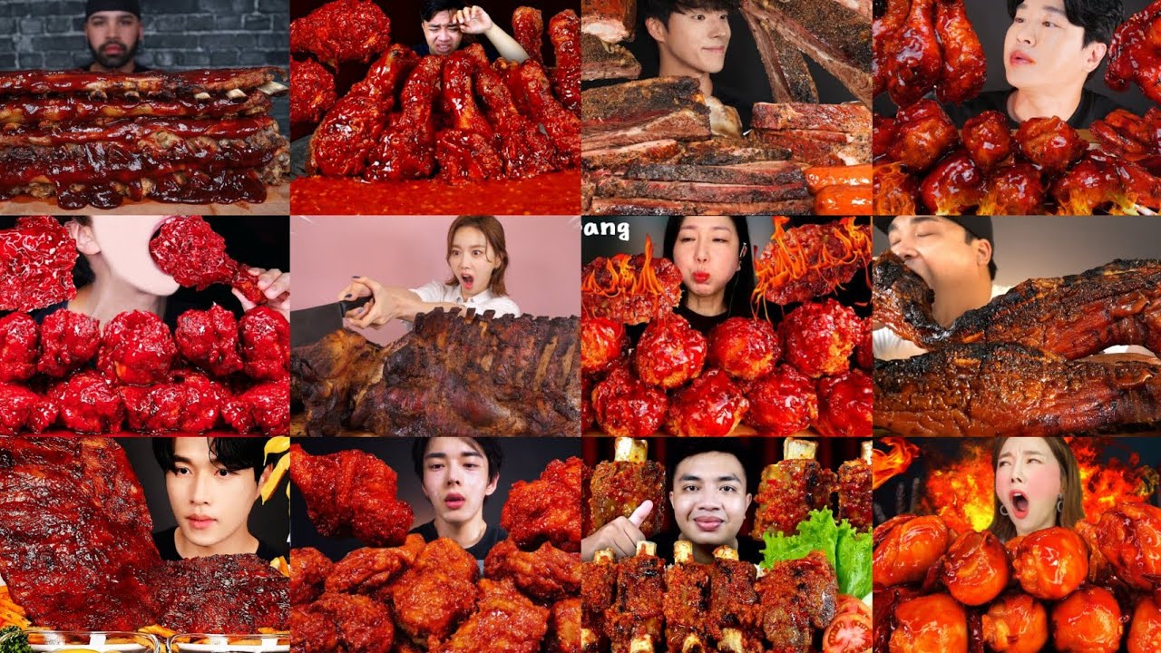 2× SPEED EATING SOUND | SPICY NUCLEAR FRIED CHICKEN & BBQ RIBS MUKBANG ...