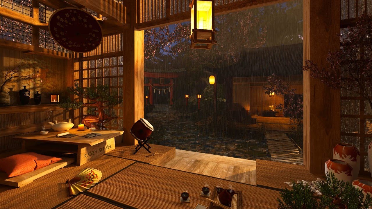 Rainy Night in Japanese Tea House | Rain Sounds on Courtyard - YouTube
