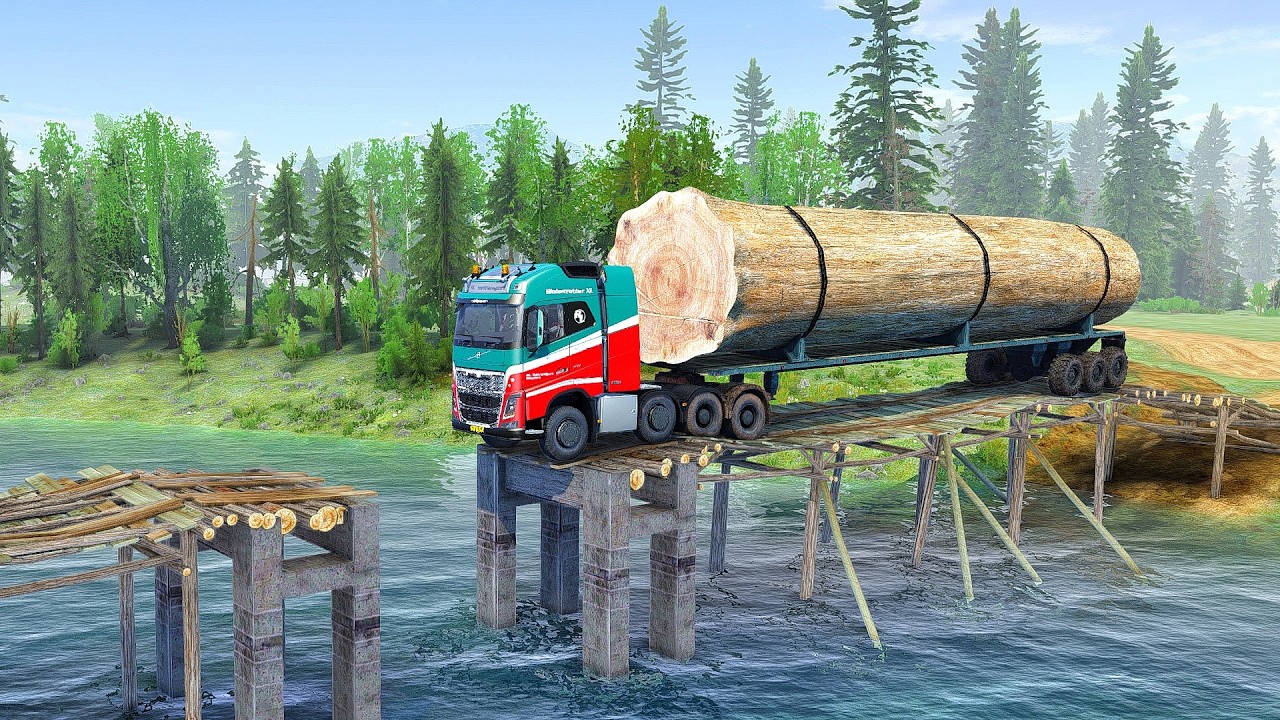 GIANT Log Transport CROSSES DEADLY Wooden Bridge Over Deep Water - YouTube