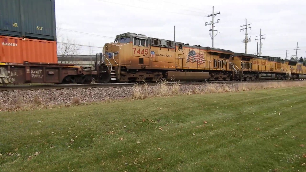 UP 3827 UP 6356 and UP 7445 lead LG2G2 east in Geneva IL - YouTube