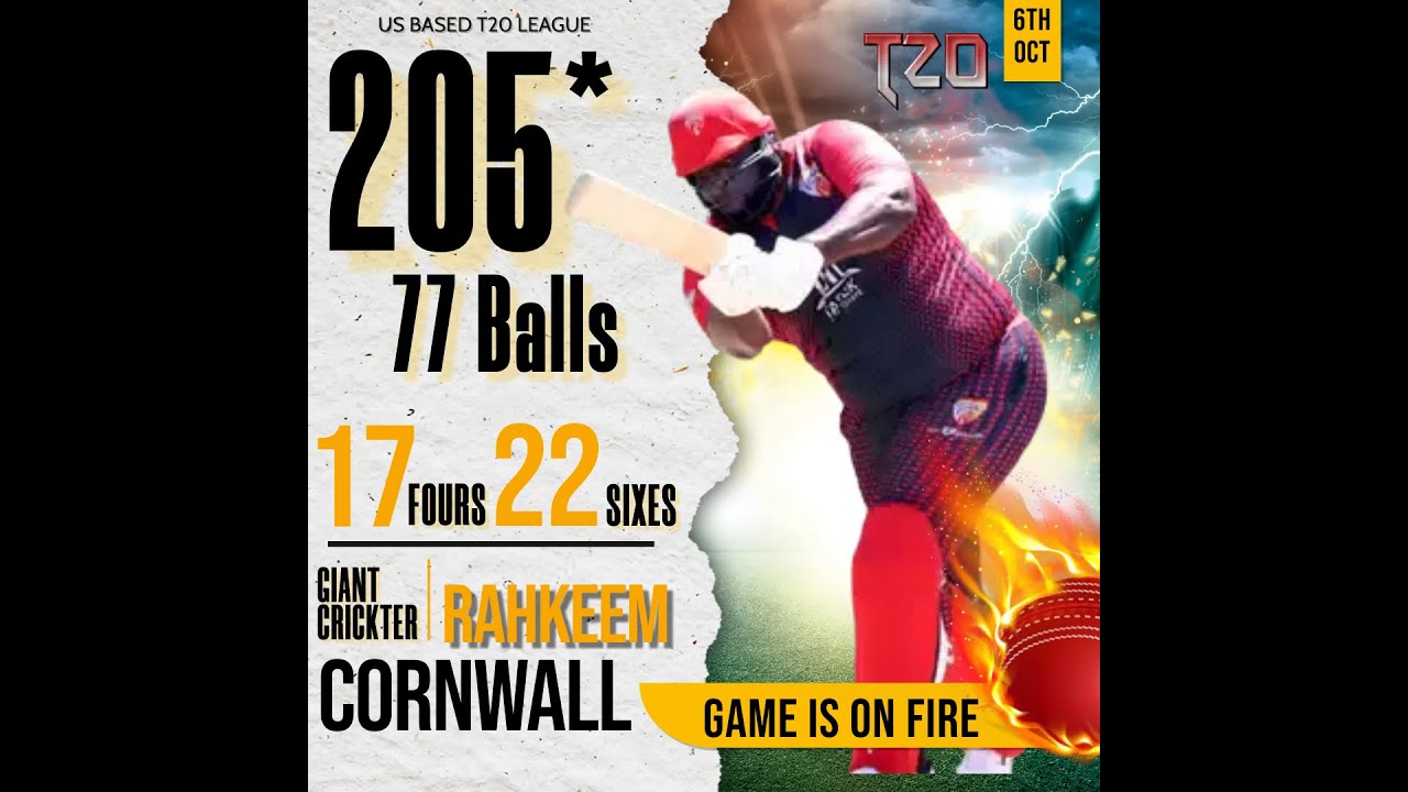 Rahkeem Cornwall 205* off 77 balls Unbeaten Slams | US-based T20 league ...