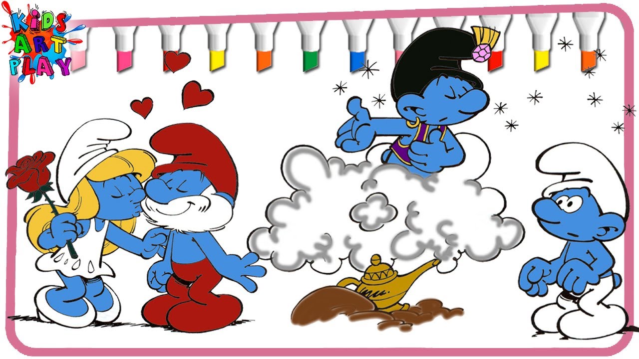 Coloring Smurfs Smurfette Papa Smurf Genie Smurf coloring pages - YouTube