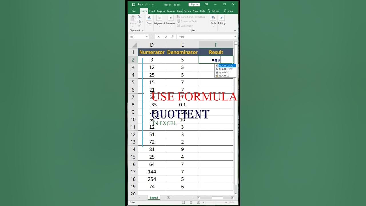 How to use formula quotient in ms Excel| quotient formula - #youtubeshorts #ytshortvideo - YouTube