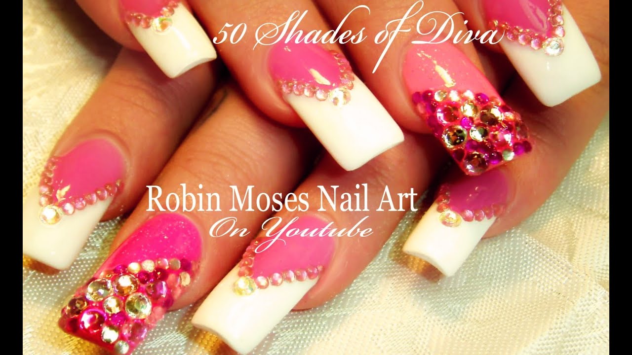 Pink and White Diva Nails | Chevron with Diamonds Nail Art Design - YouTube