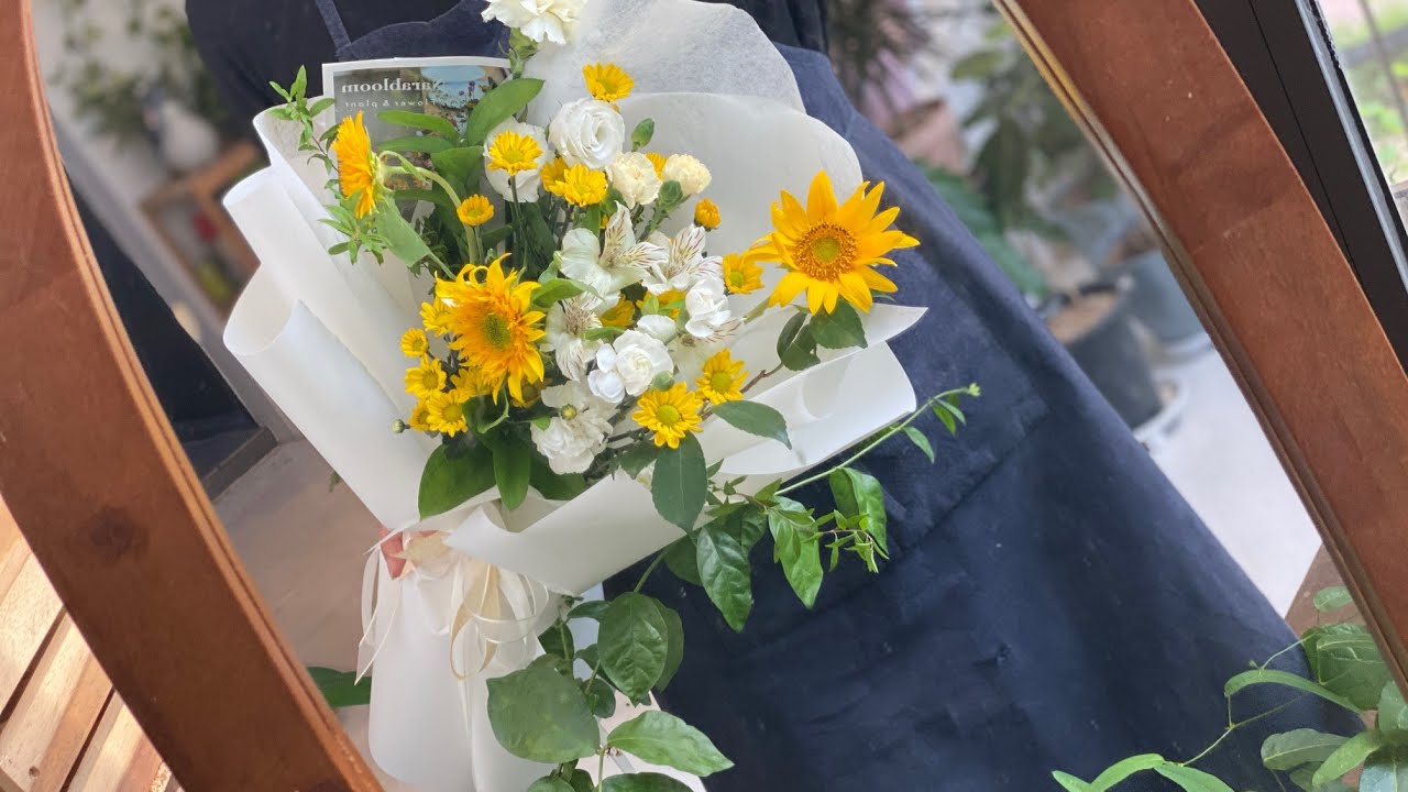 Florist Vlog 꽃집브이로그 플로리스트 일상 하루종일 꽃집 미니꽃바구니크라프트지꽃포장해바라기꽃다발 맞벌이 신혼