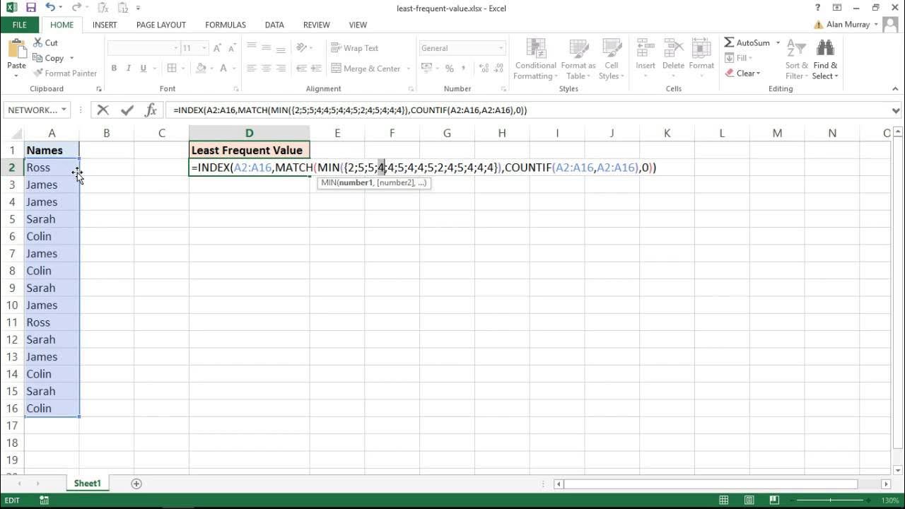 Excel Formula to Find the Least Frequent Value - YouTube