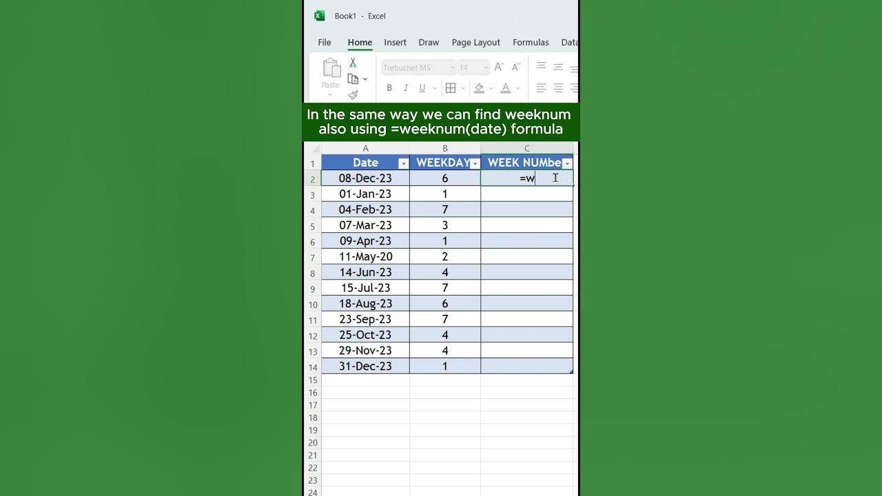 Weekday And Weeknum Formula In Excel Advancedexcel Shortsvideo Youtube