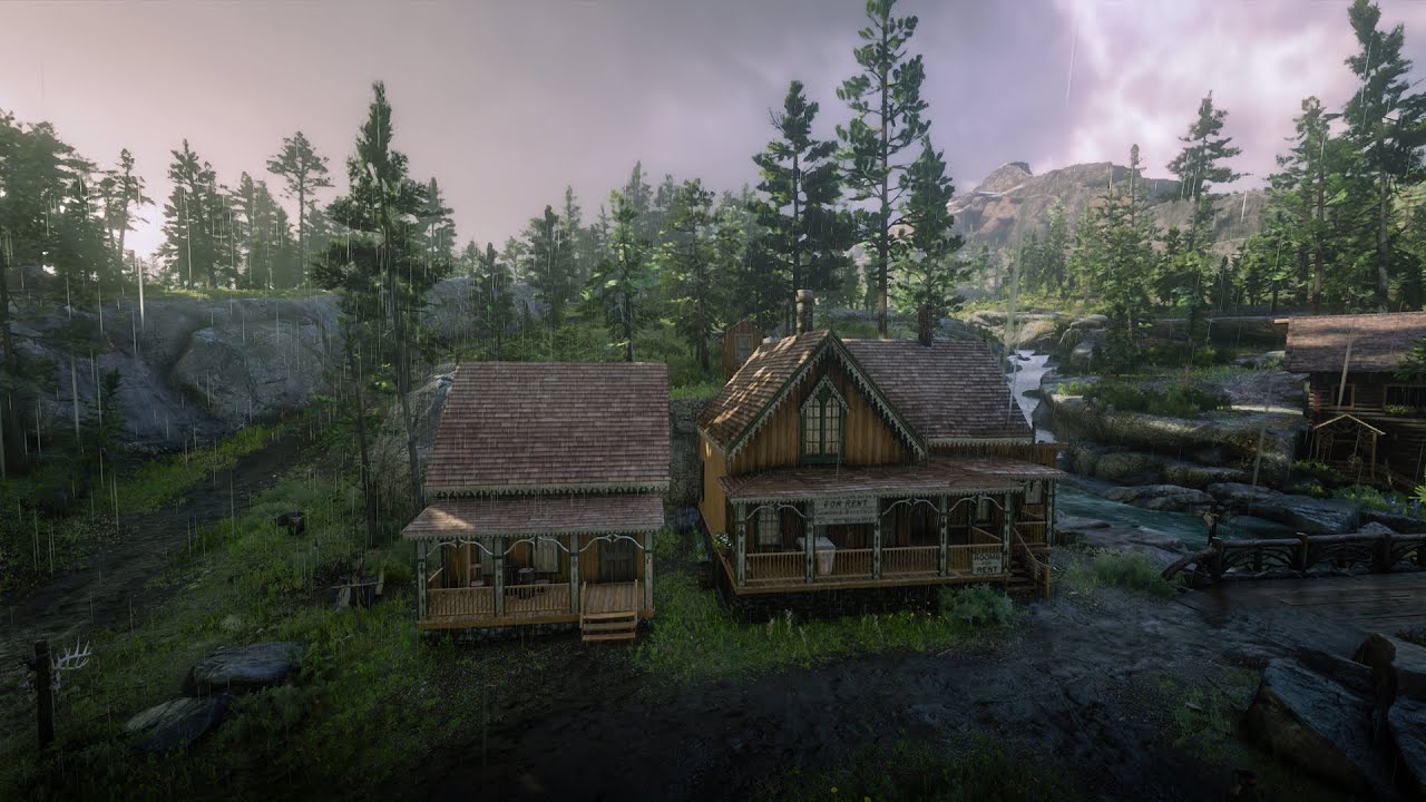Heavy rain falls on a small house in the middle of a beautiful forest ...