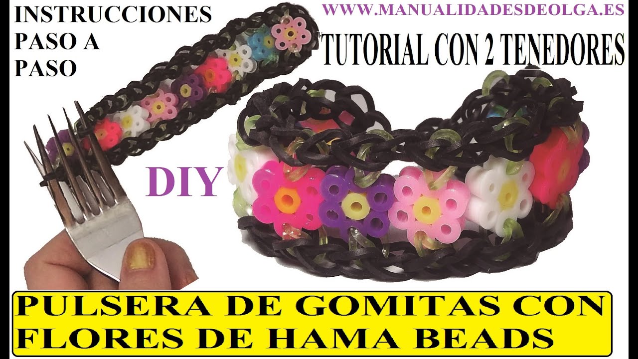 COMO HACER UNA PULSERA DE GOMITAS CON FLORES DE HAMA BEADS CON DOS ...