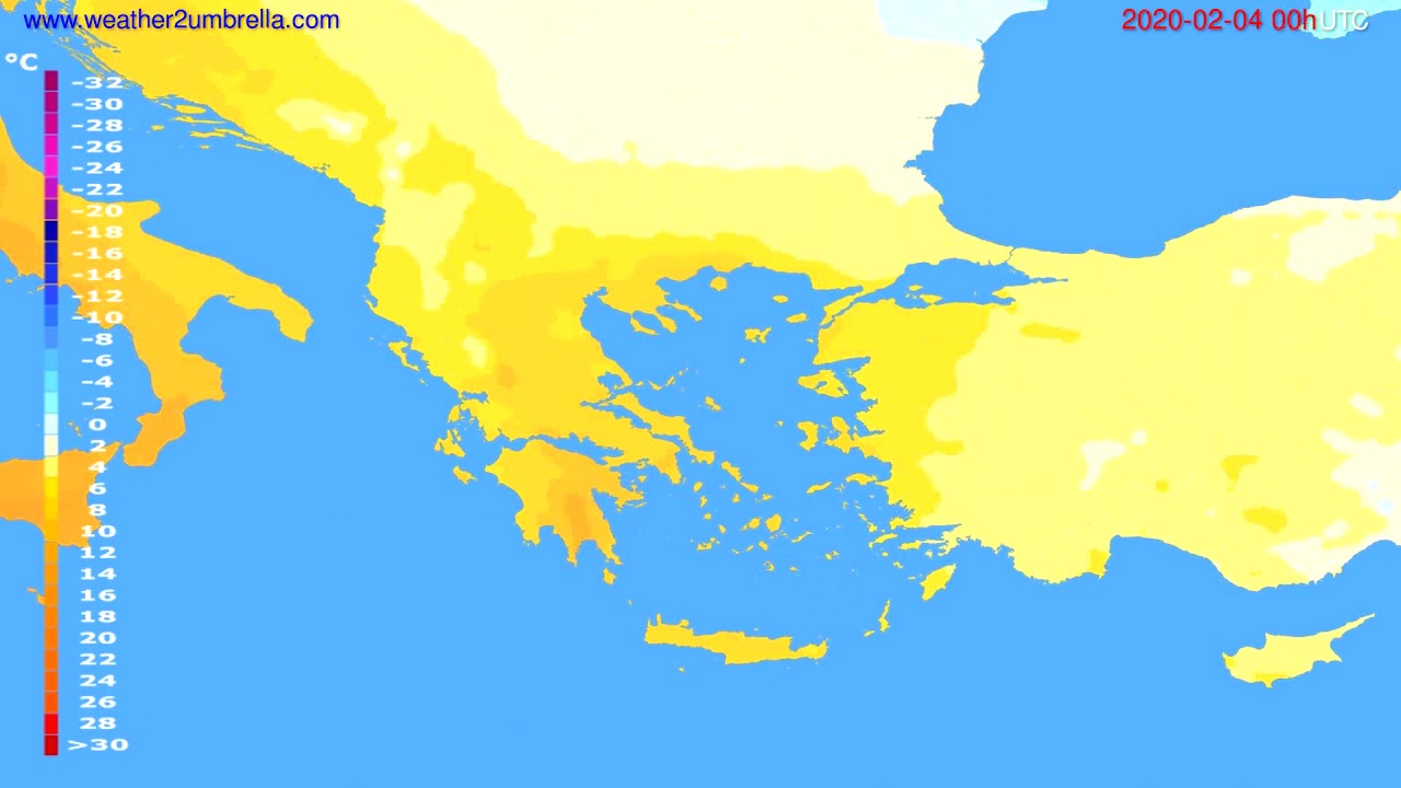 Temperature forecast Greece // modelrun: 00h UTC 2020-02-03 - YouTube