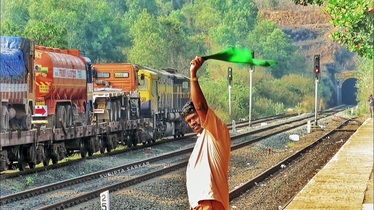 Classic Single Line Trains Crossing of Konkan Railways | RO-RO looped ...