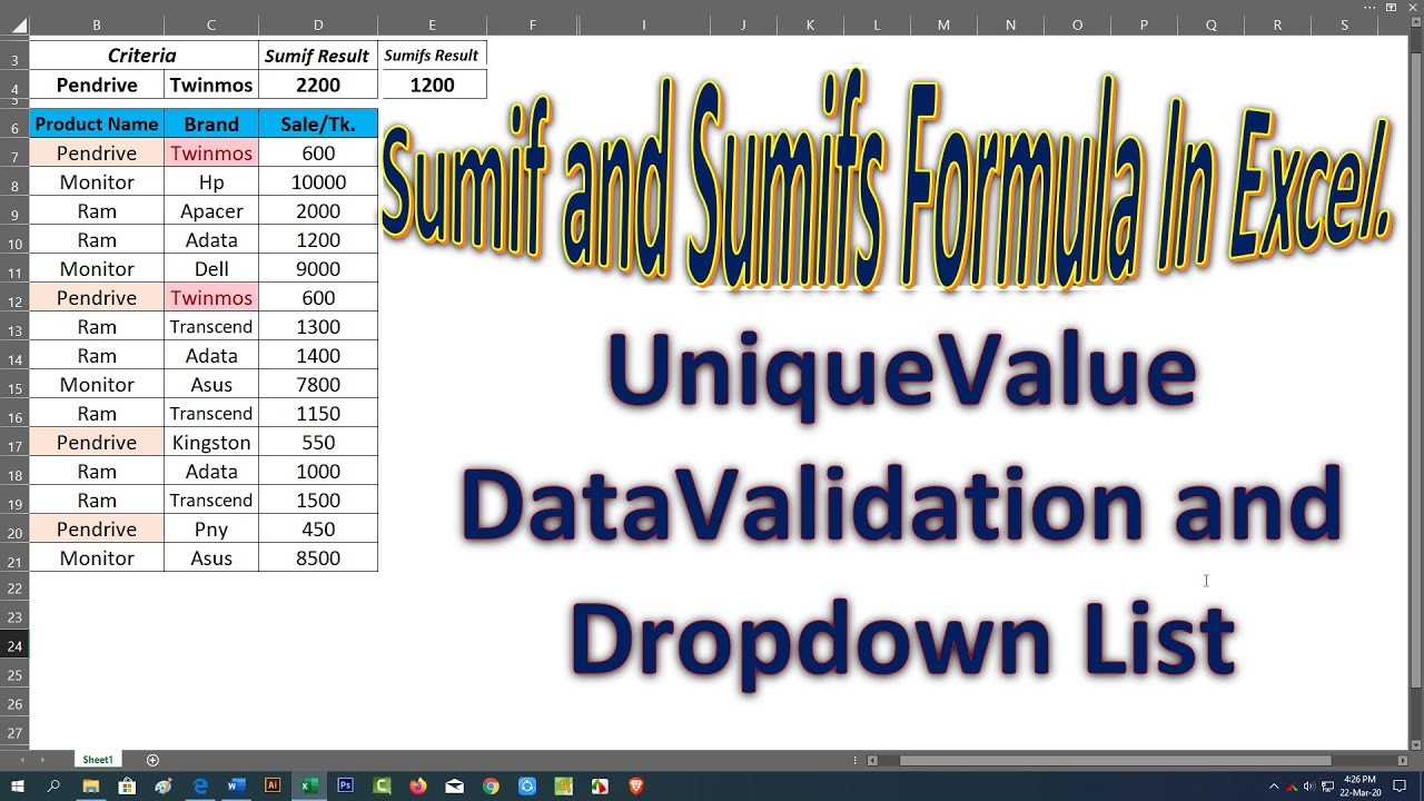 Sumif And Sumifs Formula In Excel । Unique Value । Data Validation । Dropdown List । Ms Excel