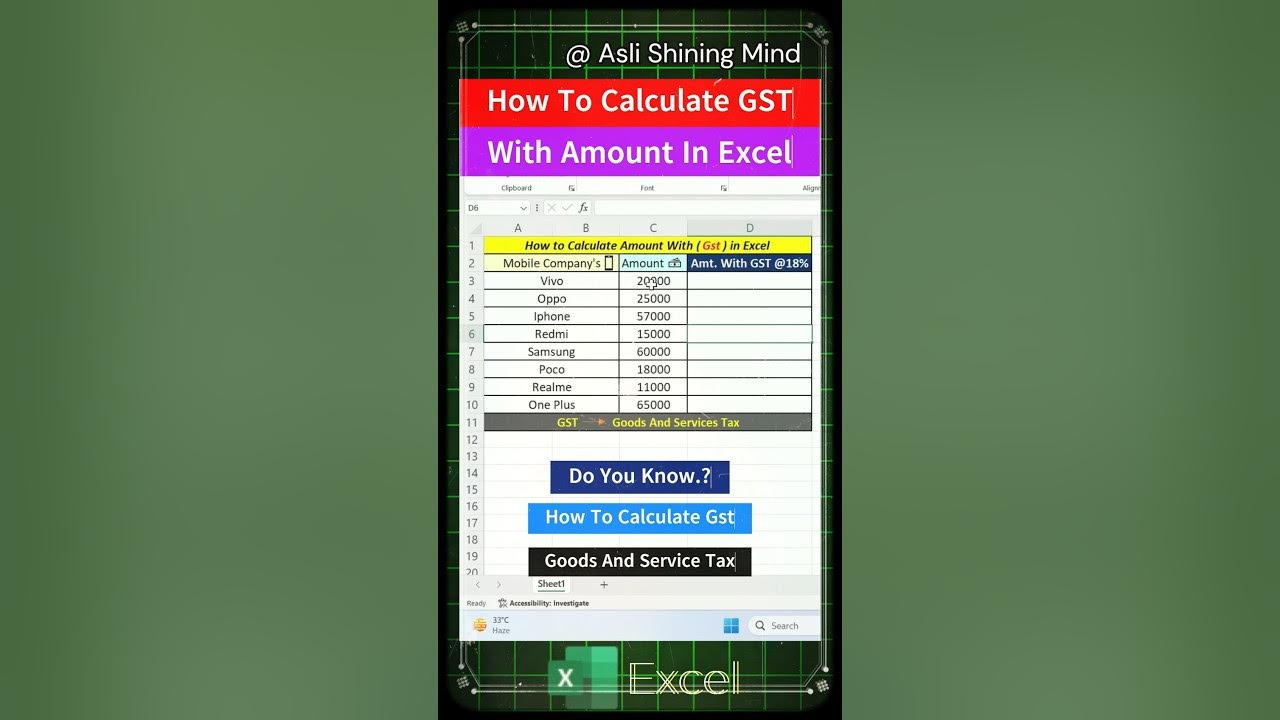 How to Calculate (gst).? 🤔Calculate GST with Amount in Excel🤯💥👨‍💻 # ...