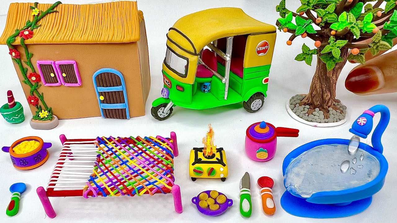 DIY How to make polymer clay miniature house, Rikshaw, Kitchen set ...