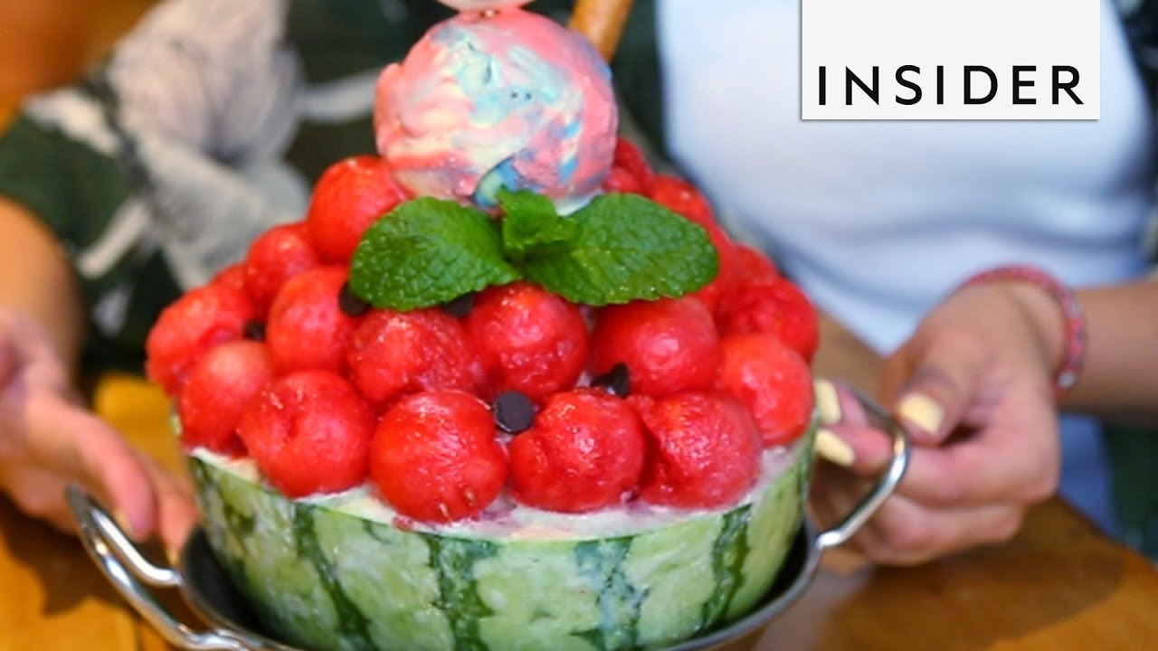 Watermelon Fruit Balls on Shaved Ice - YouTube