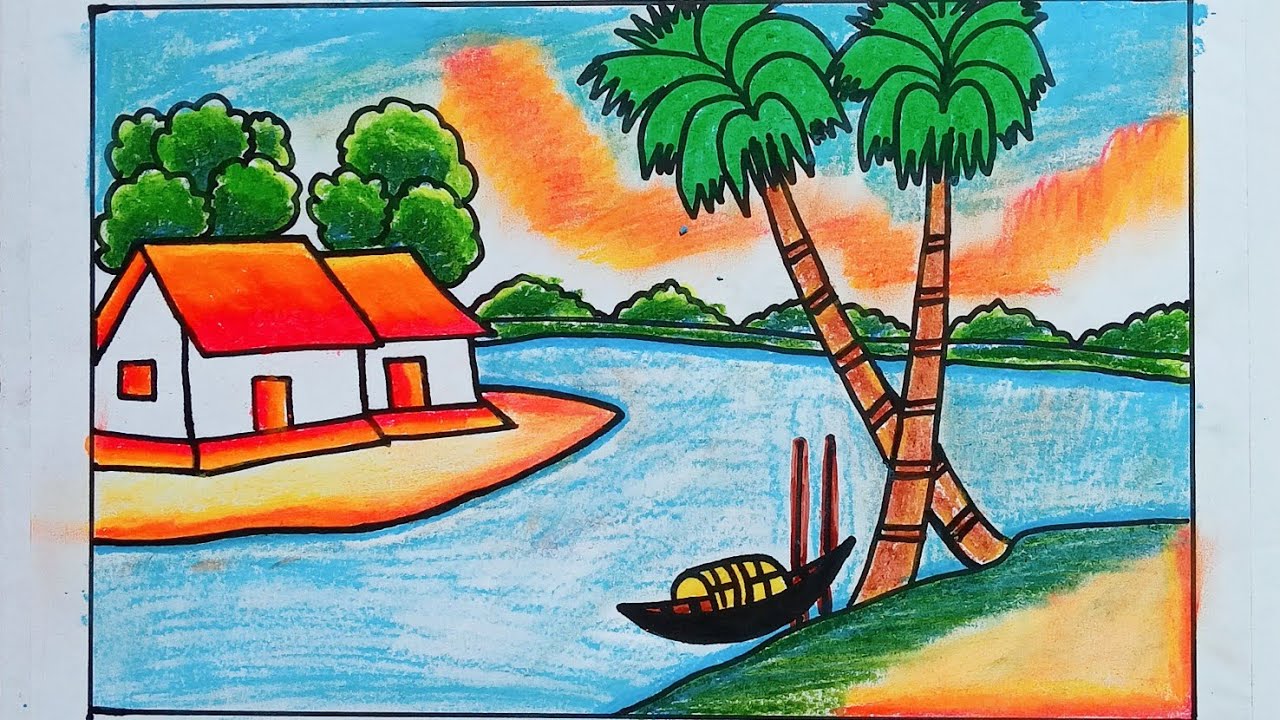 How to draw Riverside landscape scenery drawing step by step - YouTube