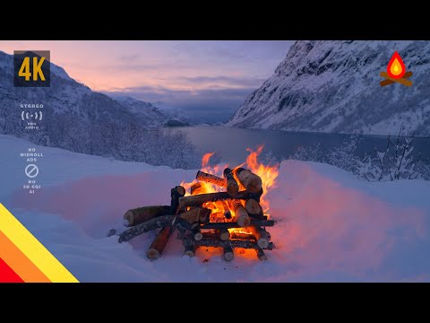 12 hours 4K winter fjord 🔥 campfire at twilight
