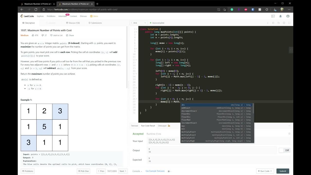 1937. Maximum Number of Points with Cost, LeetCode, Java - YouTube