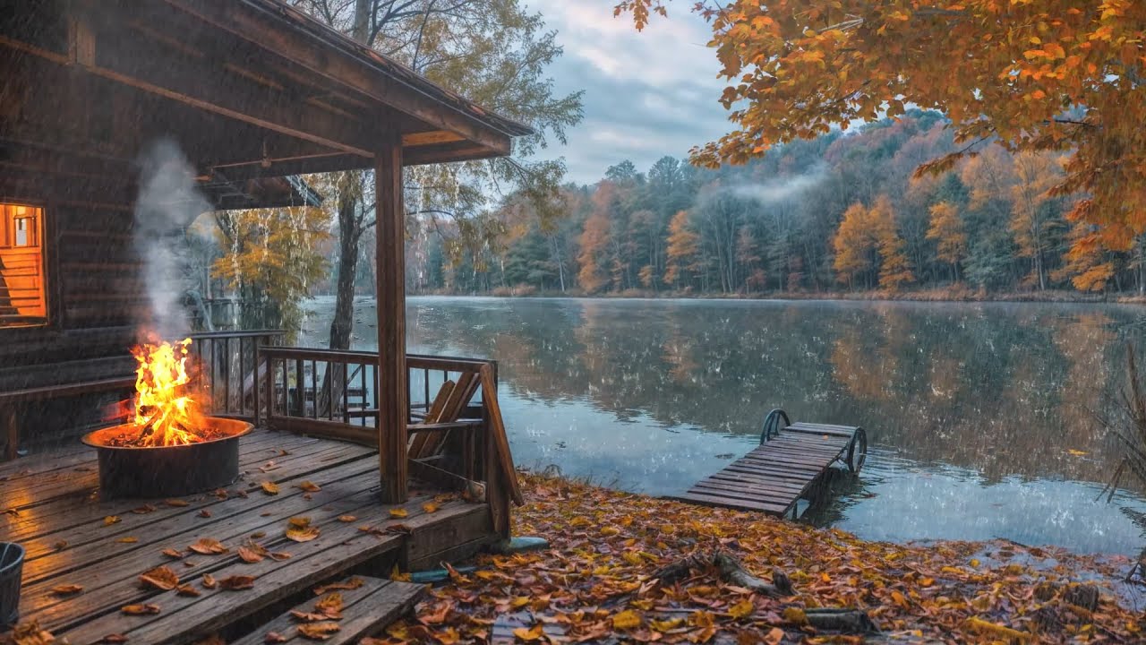 Fall Rain by the Lake 🌧 Cozy Cabin Porch and Campfire in an Autumn ...