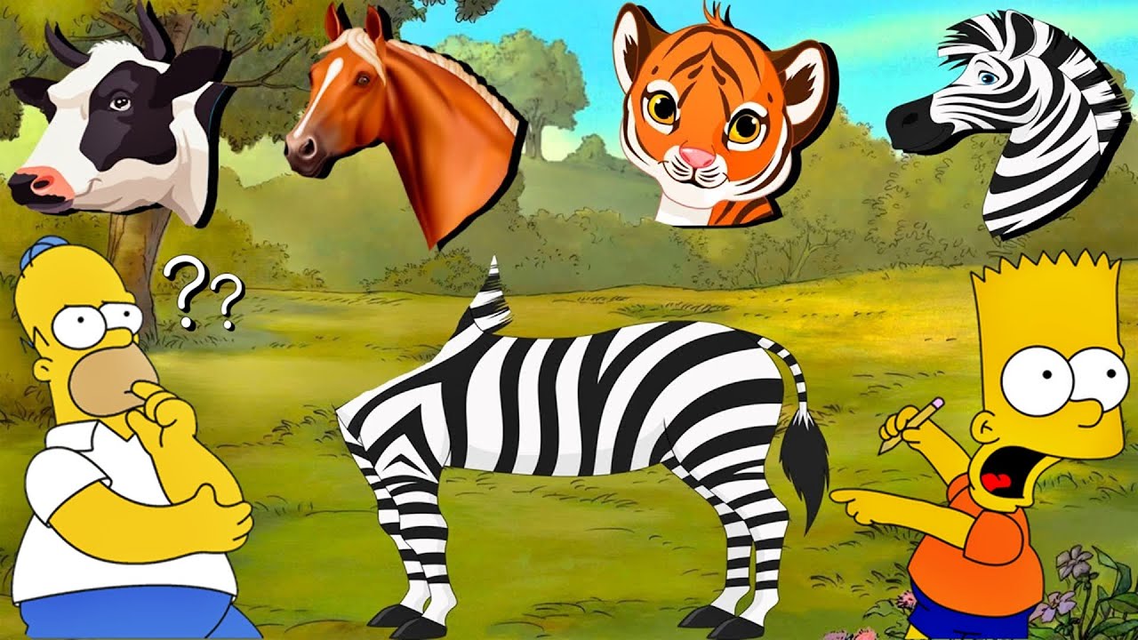 Simpsons react to WRONG HEAD PUZZLE Zebra, Cow, Horse, Tiger, 얼룩말, 암소 ...