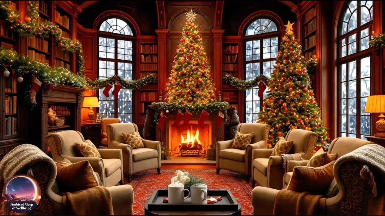 Grand Library Christmas Ambience🎄Fireplace Sounds for Stress Relief and ...