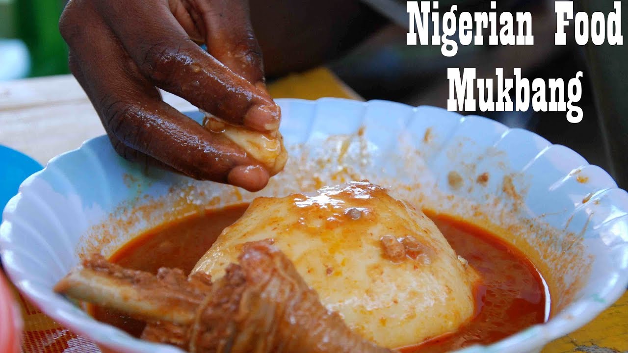 Nigerian food Mukbang - Fufu, spinach, okra, stew, plantains, turkey ...