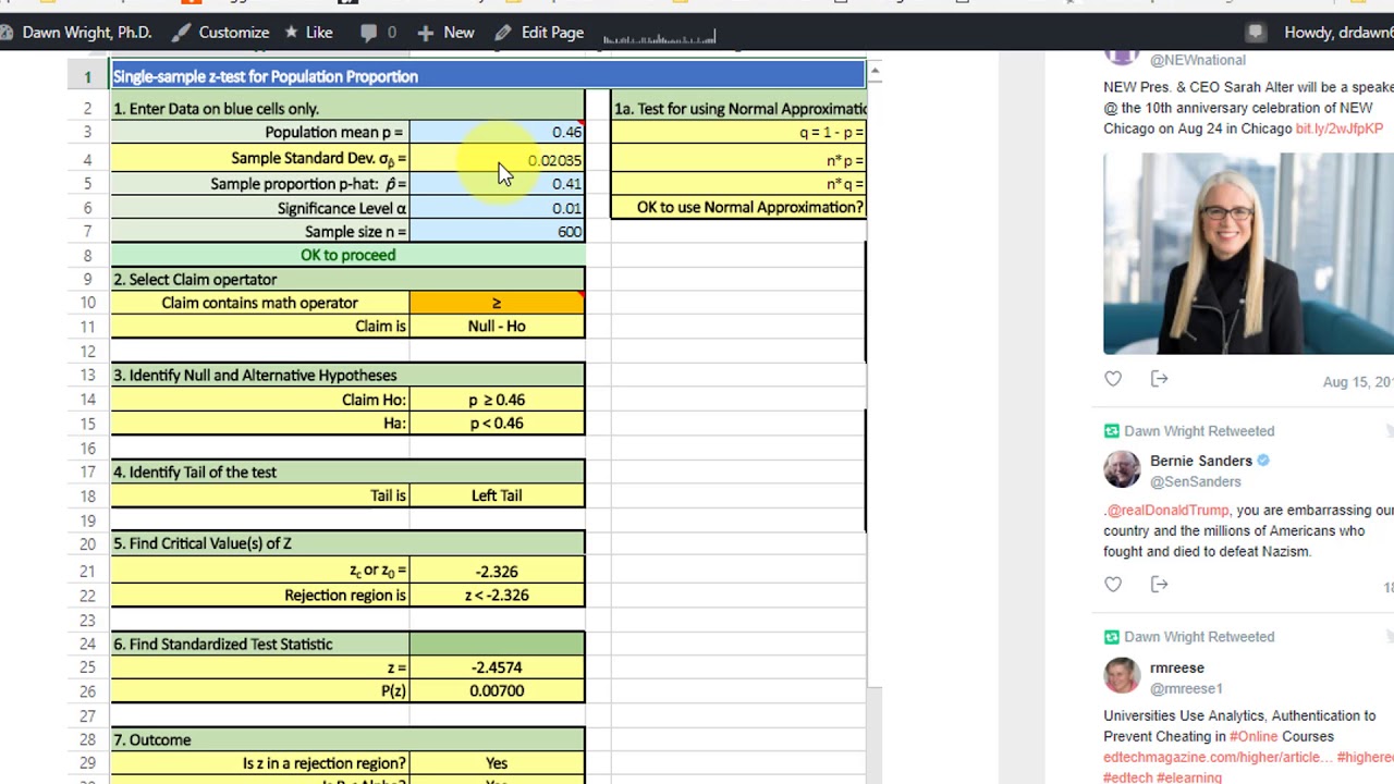 Single-sample z-test for Population Proportion-Excel - YouTube