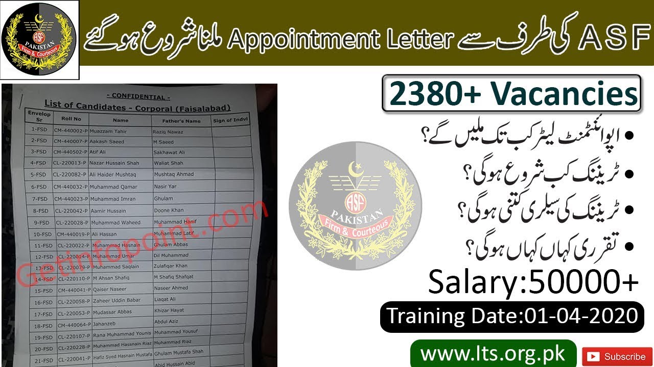 Airports Security Force(ASF) Issued Appointment Letter | Training ...