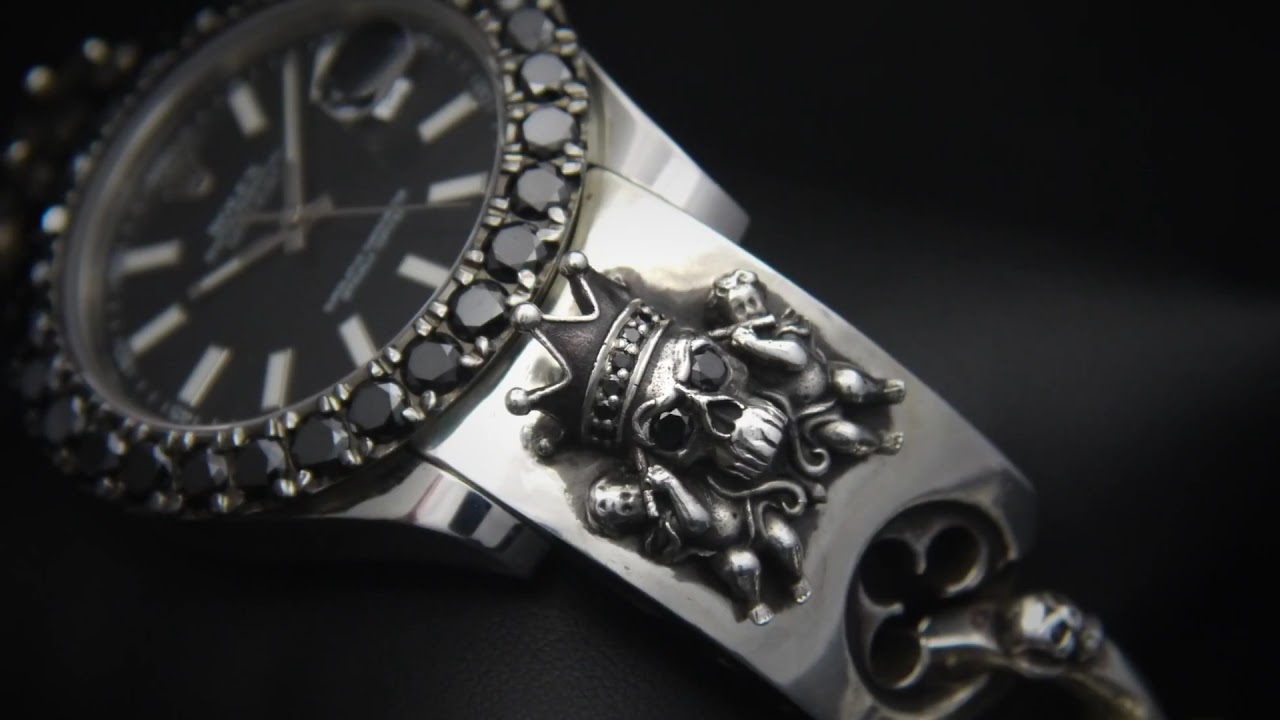 Custom ROLEX DATEJUST WATCH - Diamond Skull Bracelet in Sterling Silver ...