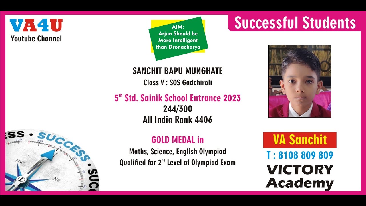 Sanchit 5th SOS : Sanchit Munghate 244 / 300 in Sainik School Entrance ...
