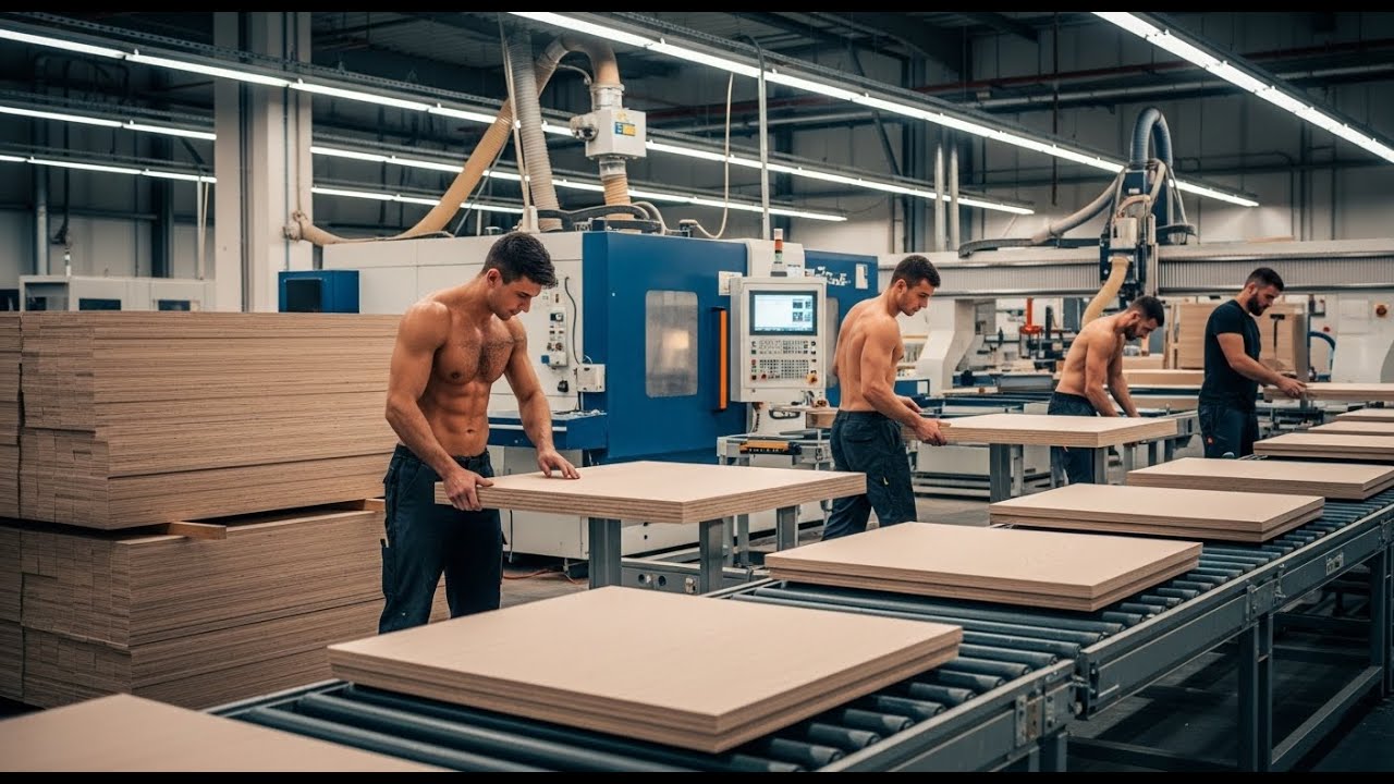 Mass production: Artificial wood furniture manufacturing workshop - the ...
