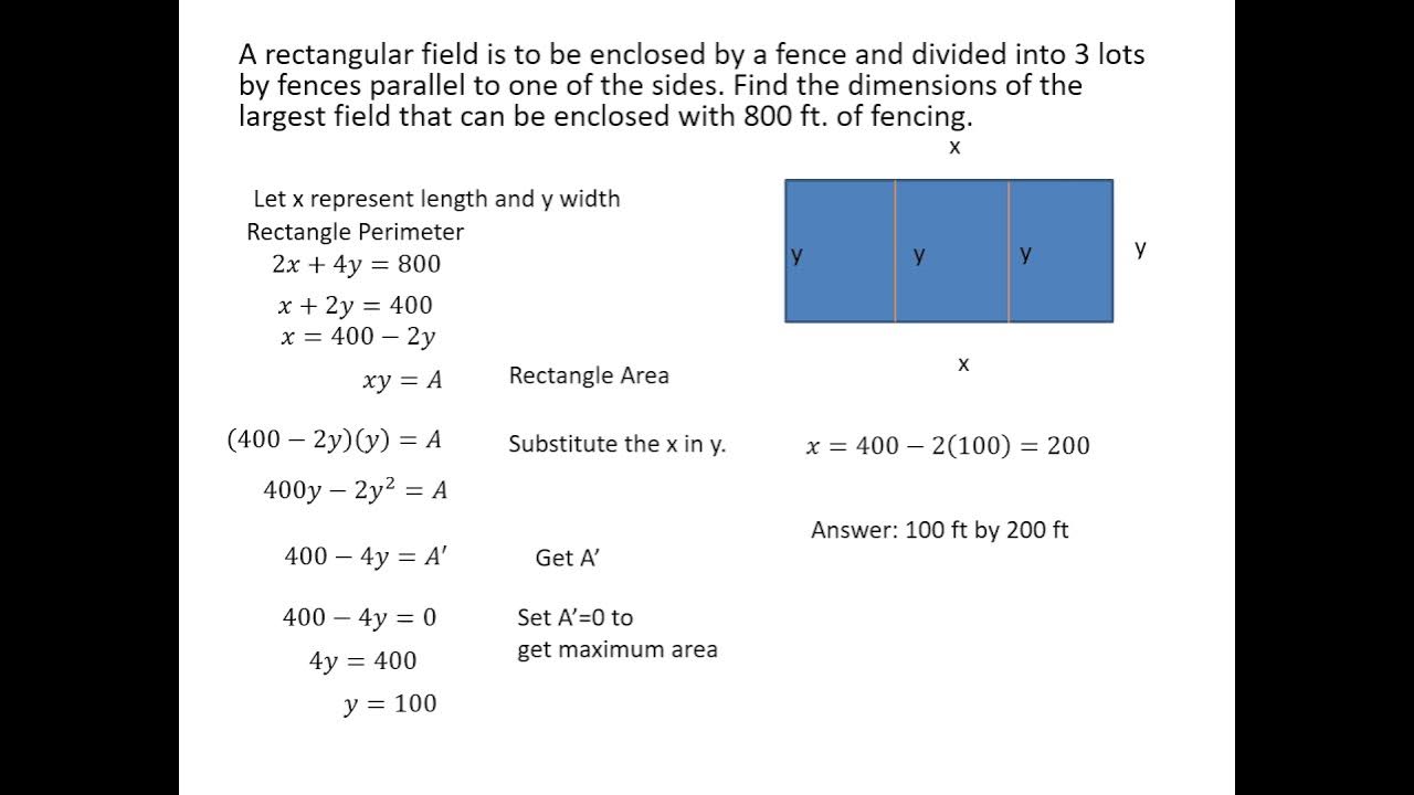 A rectangular field is to be enclosed by a fence and divided into 3 lots by fences - YouTube